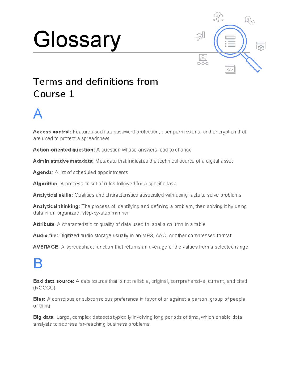 Course 1 A Glossary of Key Terms and Definitions - Studocu