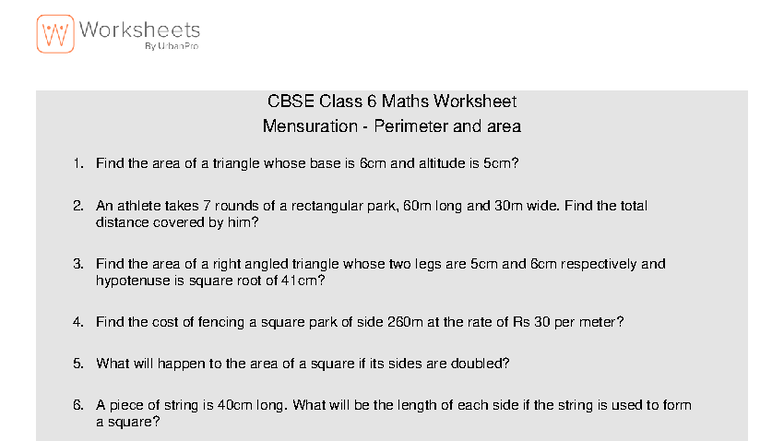 Perimeter and Area CBSE Class 6 Maths Worksheet - Mensuration Problems ...