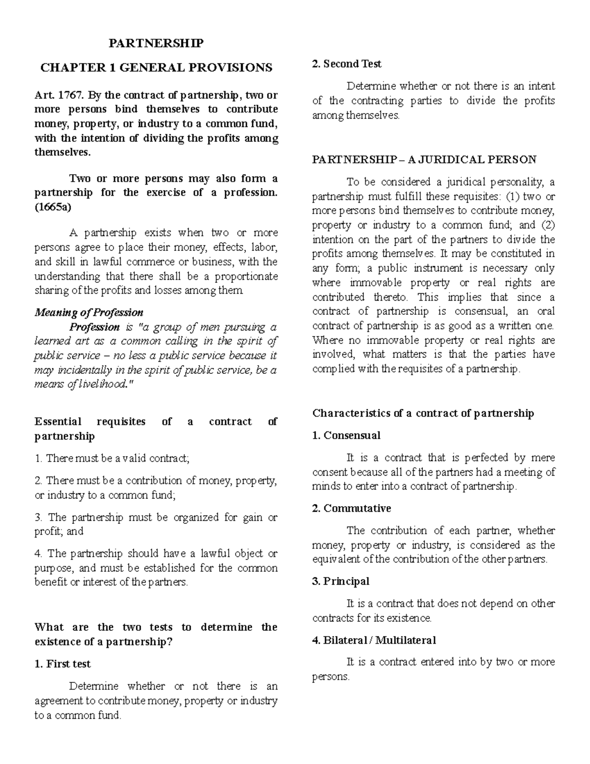 RFBT- Chapter 1: General Provisions on Partnership and Juridical Personality - Studocu