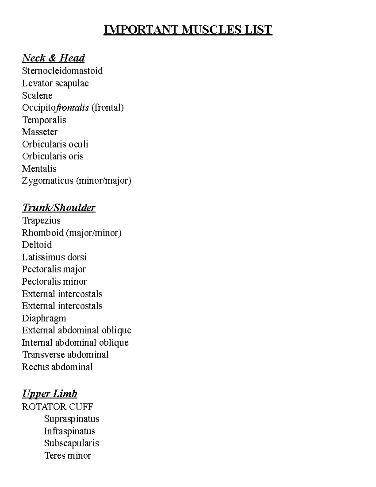 Important Muscles LIST - IMPORTANT MUSCLES LIST Neck & Head ...