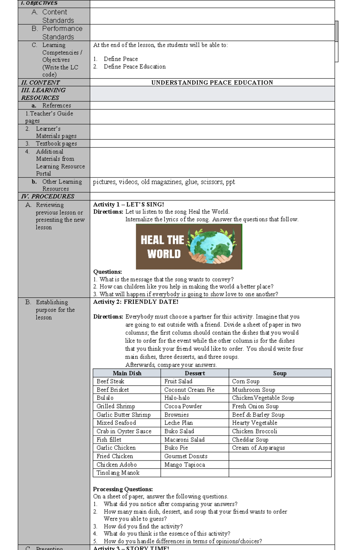 Bongolto - Lesson Plan Grade 6 Peace Education - DETAILED MAPEH LESSON ...