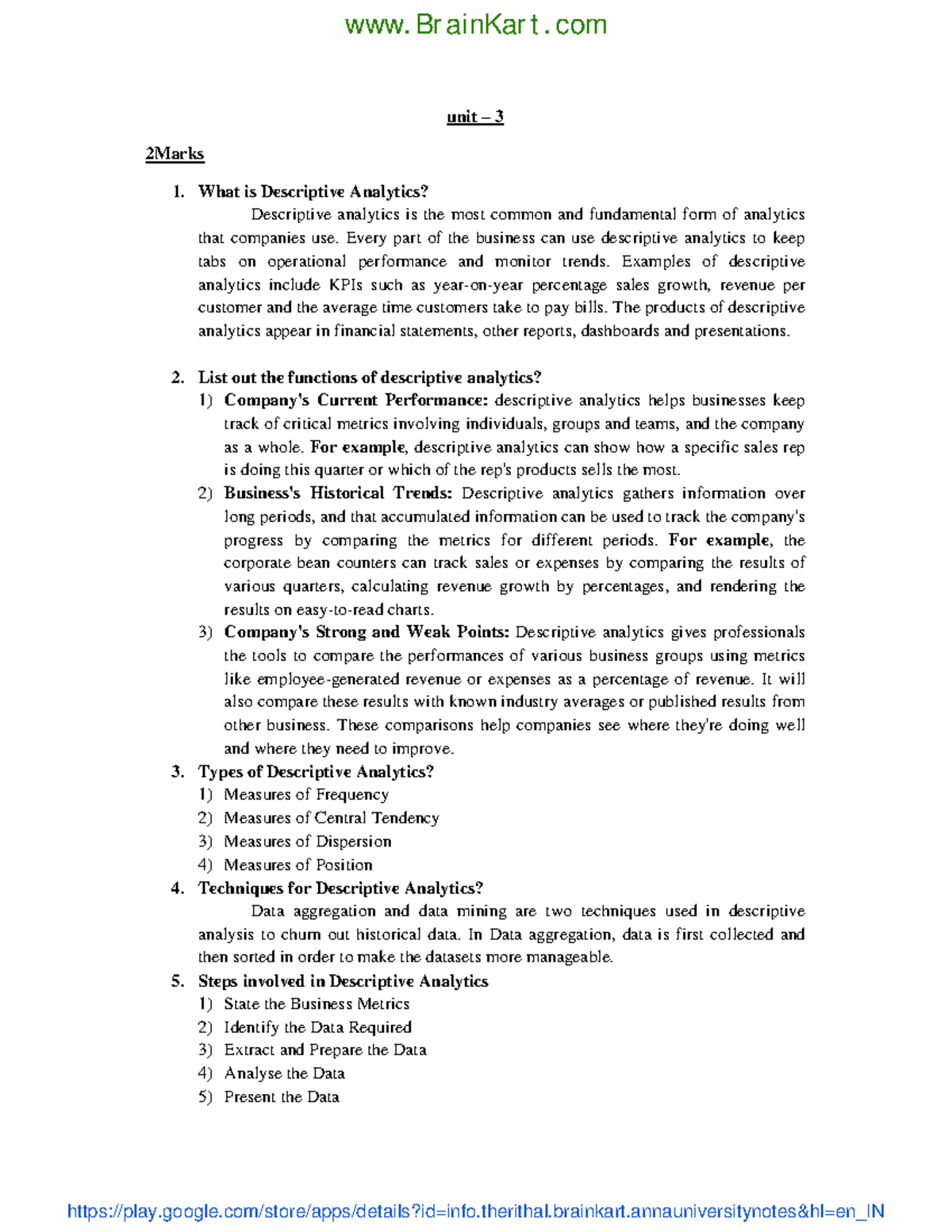 Business Analytics BA4206 - Key 2 Marks Q&A Insights - Part 3 - Studocu
