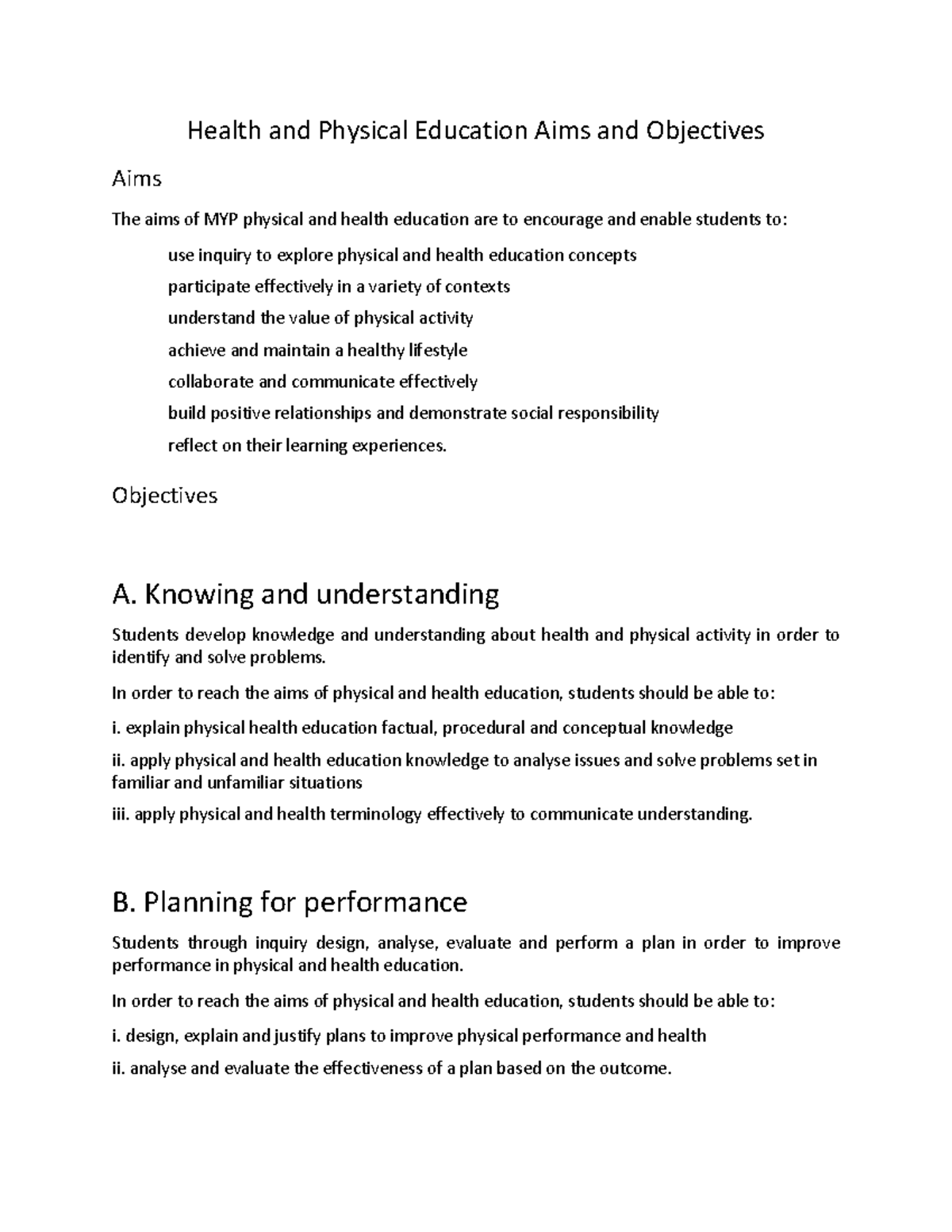 MYP Health and Physical Education Aims & Objectives Overview - Studocu