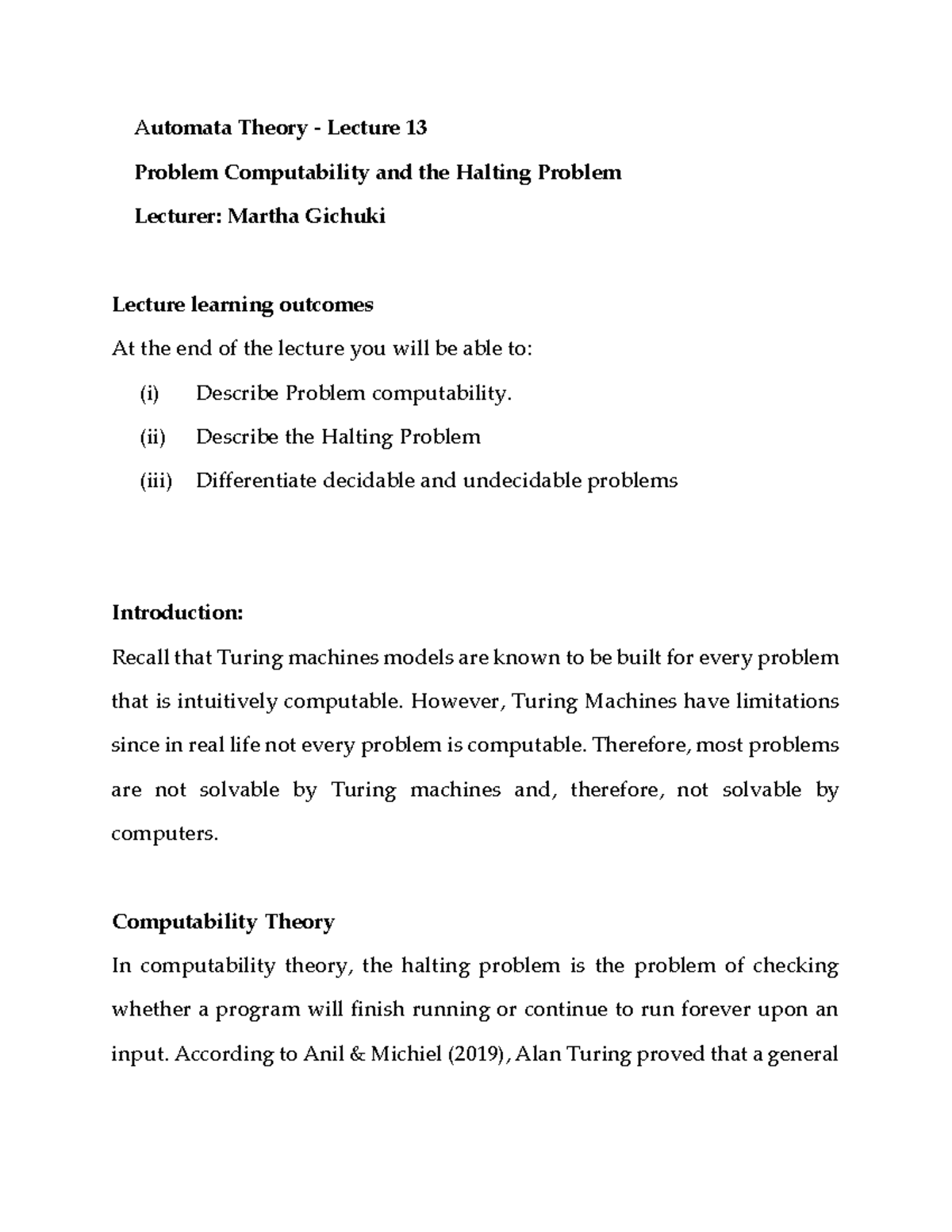 Automata Theory Lecture 13: Problem Computability & Halting Problem - Studocu