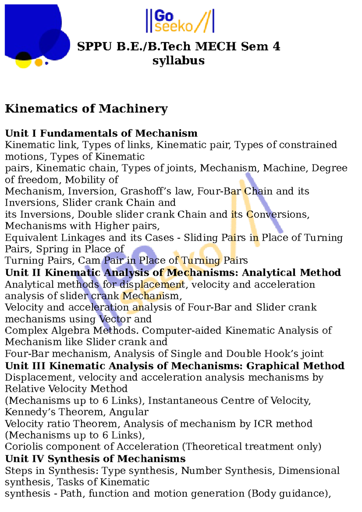 MECH Sem 4 syllabus - SPPU B.E./B MECH Sem 4 syllabus Kinematics of ...