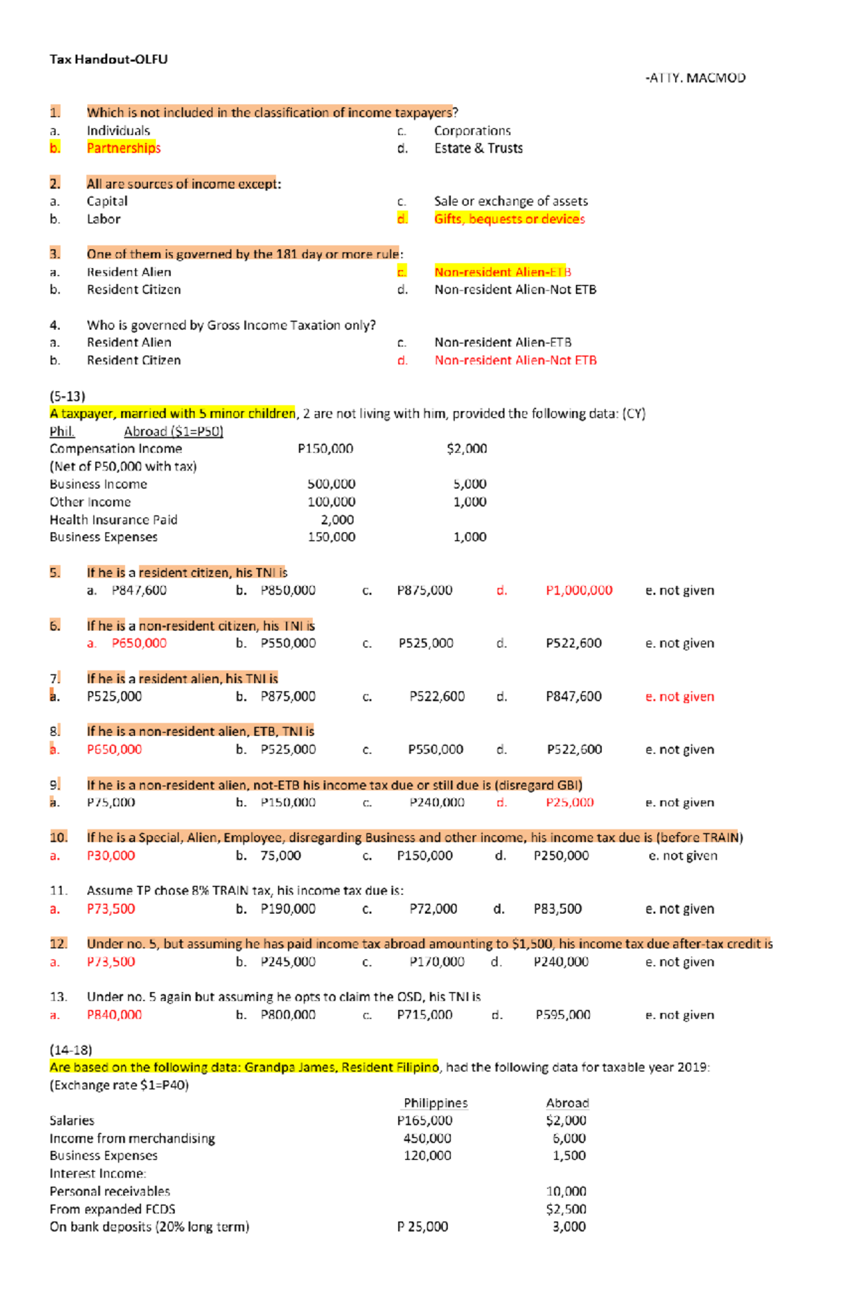 Tax Handout - OLFU: Income Tax Calculations & Taxpayer Classifications ...