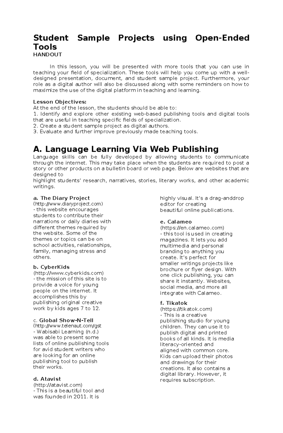 Student Sample Projects with Open-Ended Tools: A HANDOUT Guide - Studocu