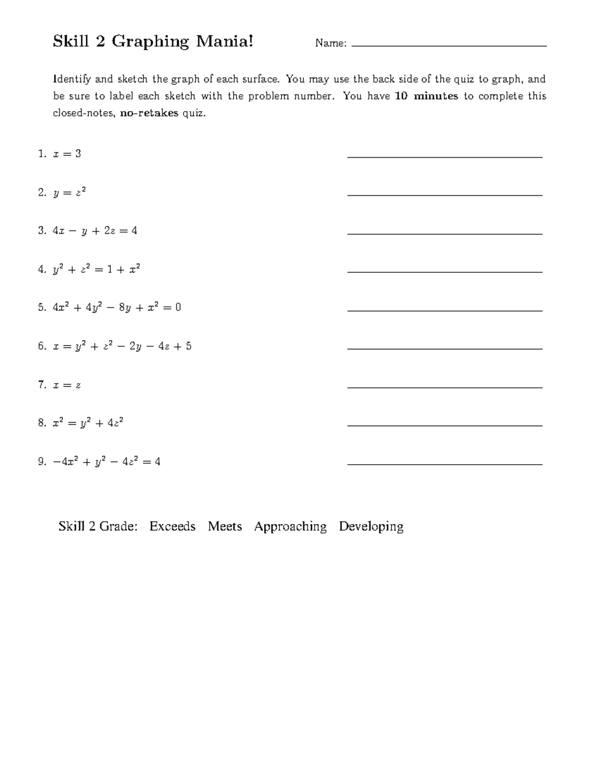 MV Calculus Quiz: Graphing Mania! Surface Sketching Skills - Studocu