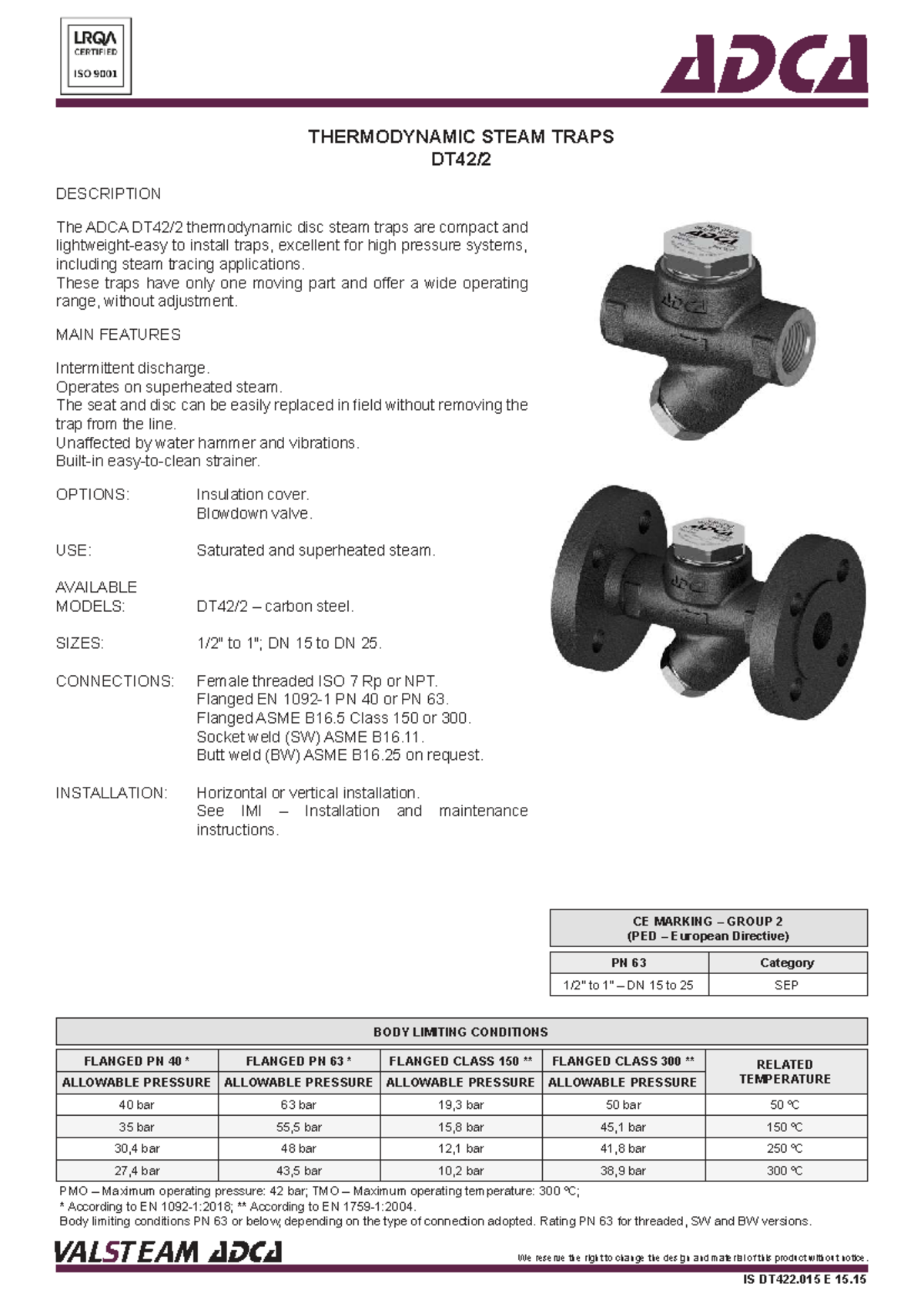 ADCA DT42-2 Thermodynamic Steam Trap Overview and Features - Studocu