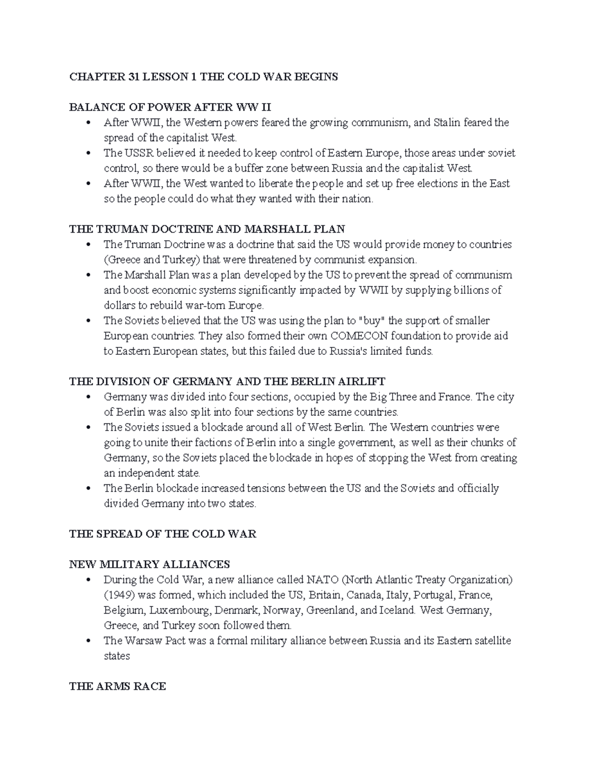 World History CH 31 Lesson Summary: The Cold War Dynamics - Studocu
