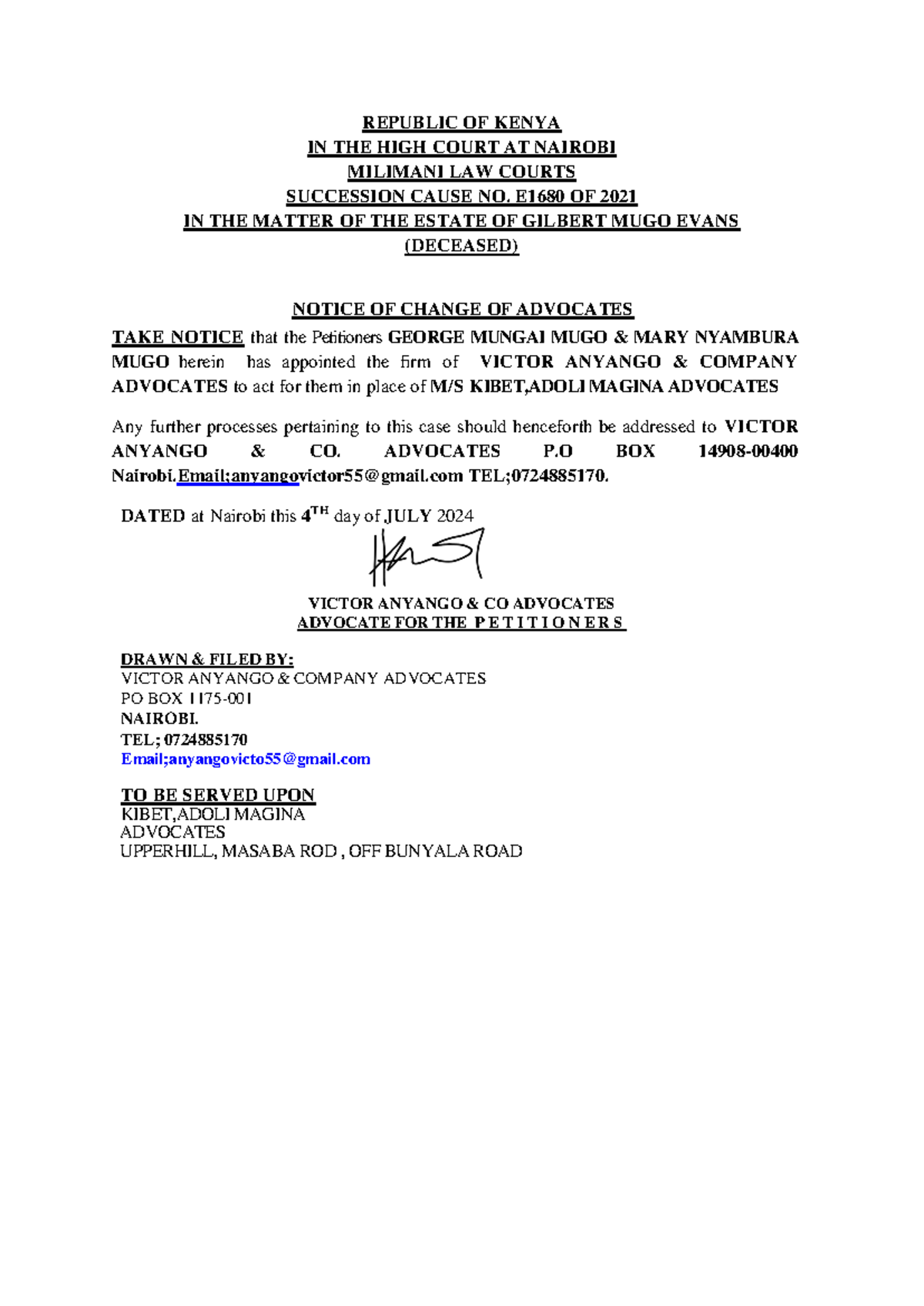 NOA MUGO - Notice of Change of Advocates in Succession Case E1680/21 ...
