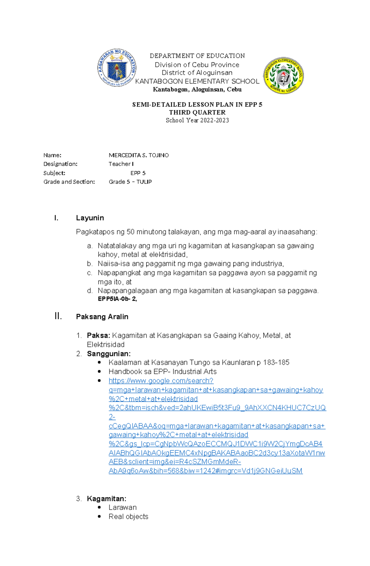 Semi-Detailed Lesson Plan for EPP 5 (Grade 5, 3rd Quarter) - Studocu