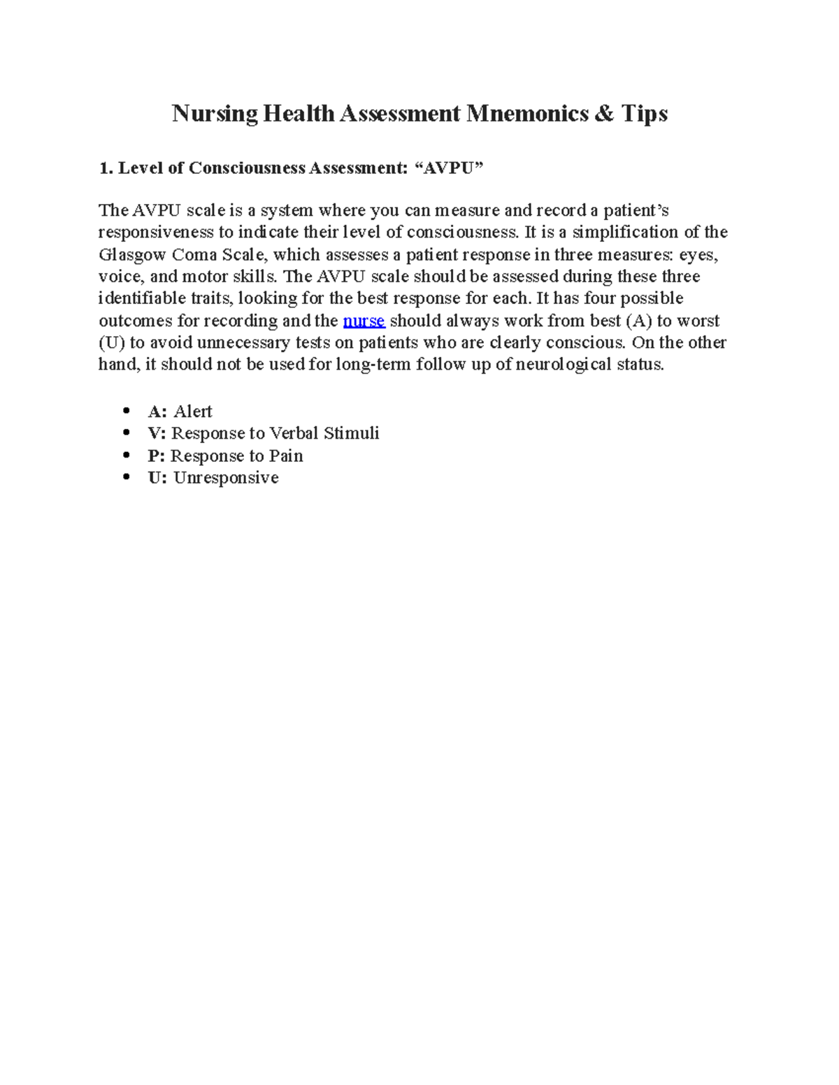 Nursing Health Assessment Mnemonics - Level of Consciousness Assessment ...