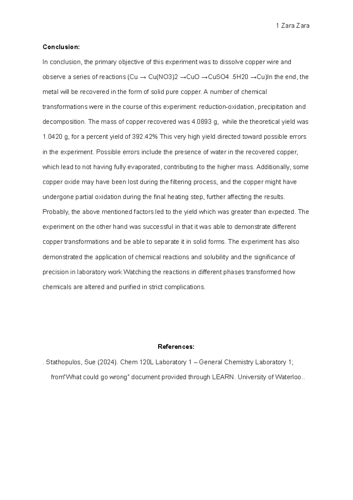 Chem 120L Lab Report 1: Copper Wire Dissolution Experiment - Studocu