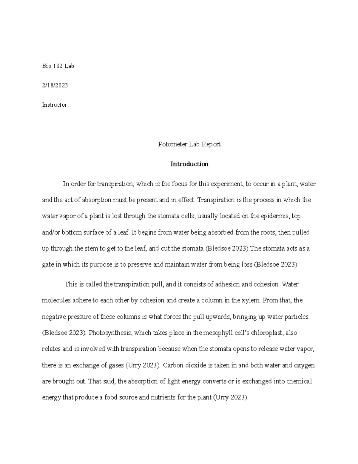 Potometer Lab Report LOrtiz - Bio 182 Lab 2/18/ Instructor Potometer ...