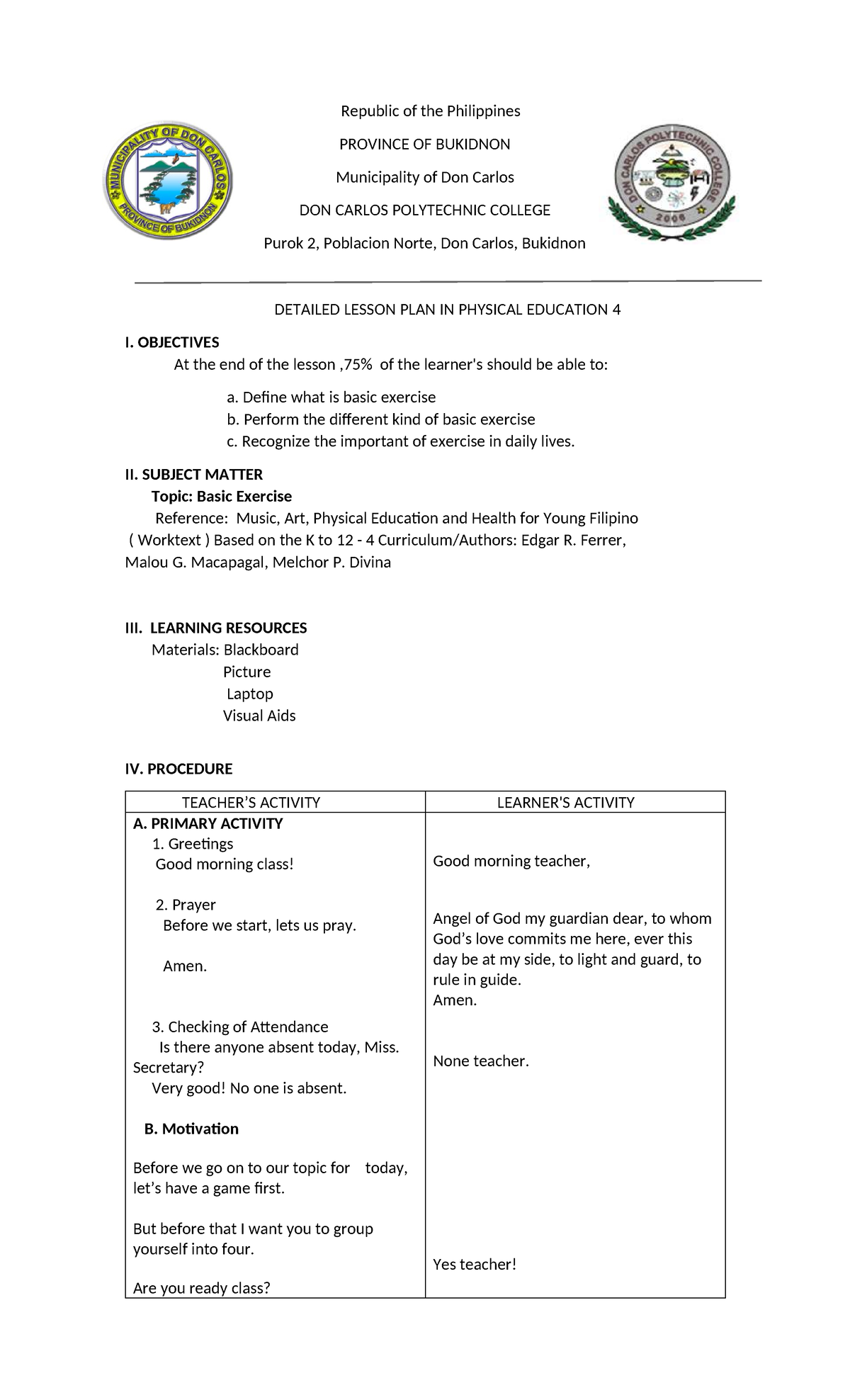 Detailed Lesson Plan in PE 4: Basic Exercises and Their Importance ...