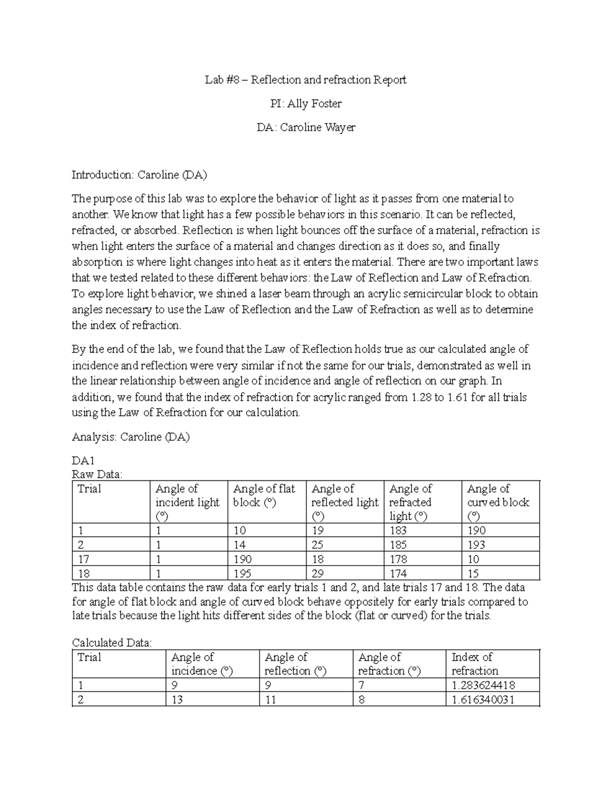 Lab #8: Reflection and Refraction of Light Behavior Analysis - Studocu