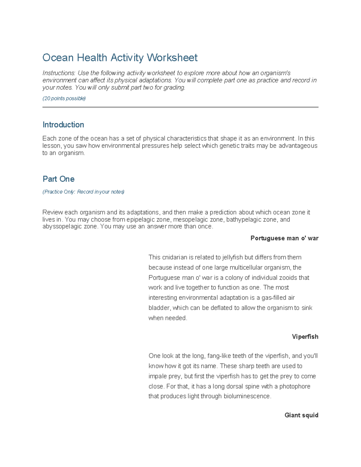 4.03 Marine Science: Ocean Health Adaptations Activity Worksheet - Studocu