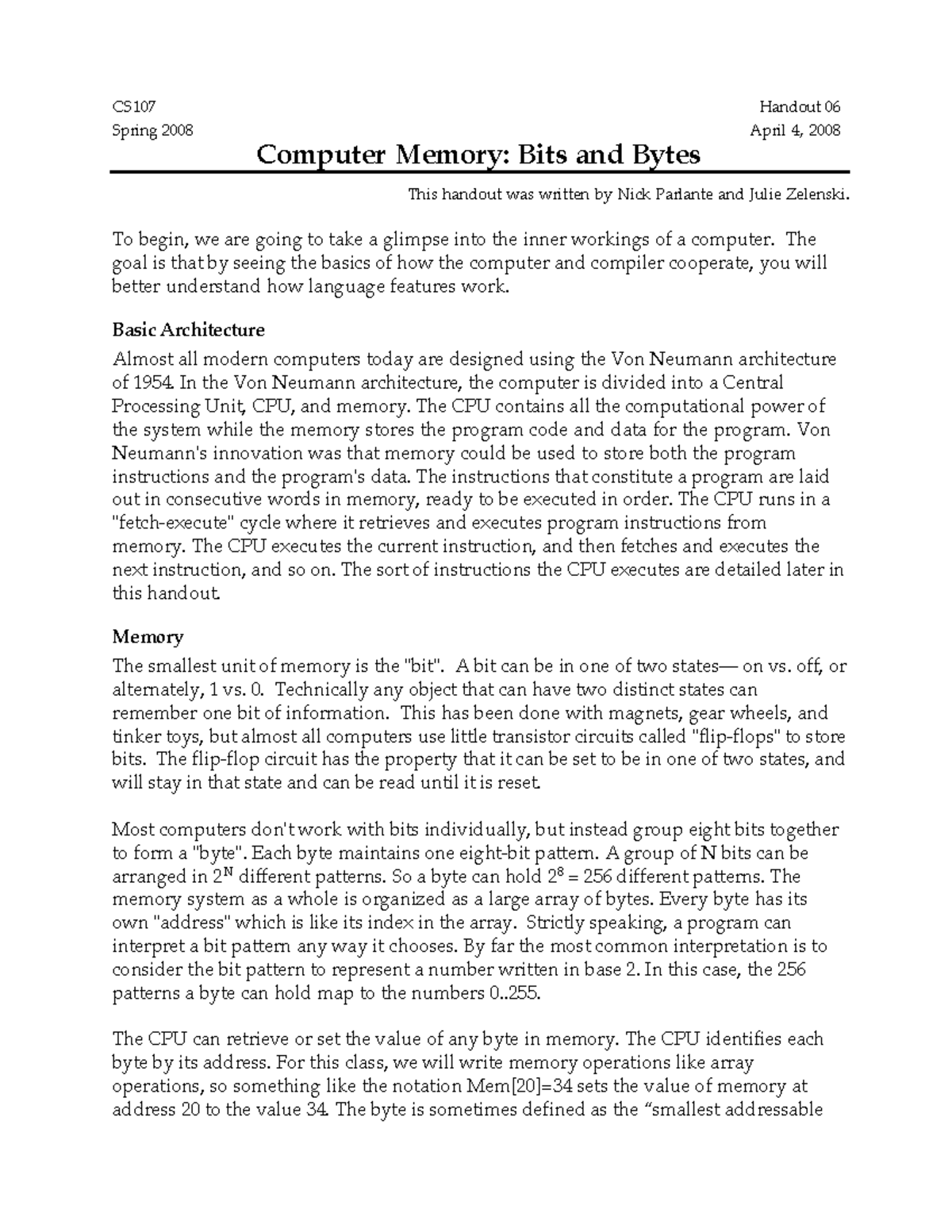 CS107 Spring 2008 Handout 06: Understanding Computer Memory Basics - Studocu