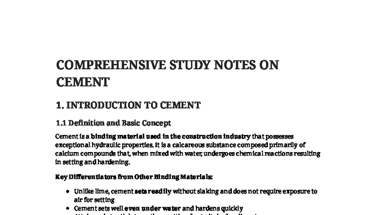 Cement Notes Study Guide: Comprehensive Overview and Properties - Studocu