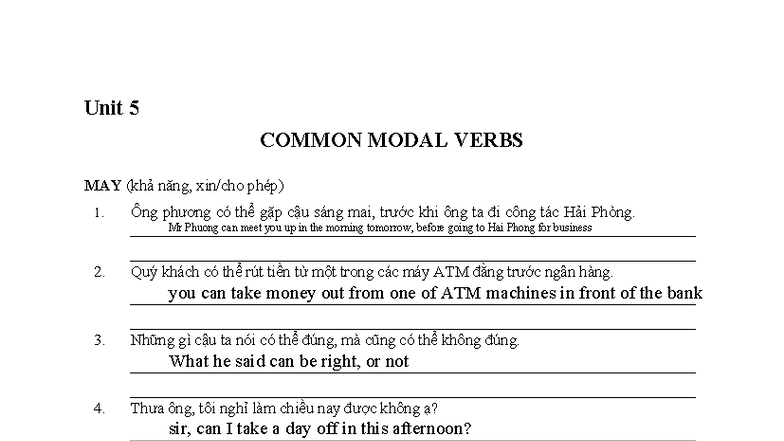 Unit 5: Common Modal Verbs - MAY, MIGHT, CAN, MUST, SHALL, SHOULD - Studocu