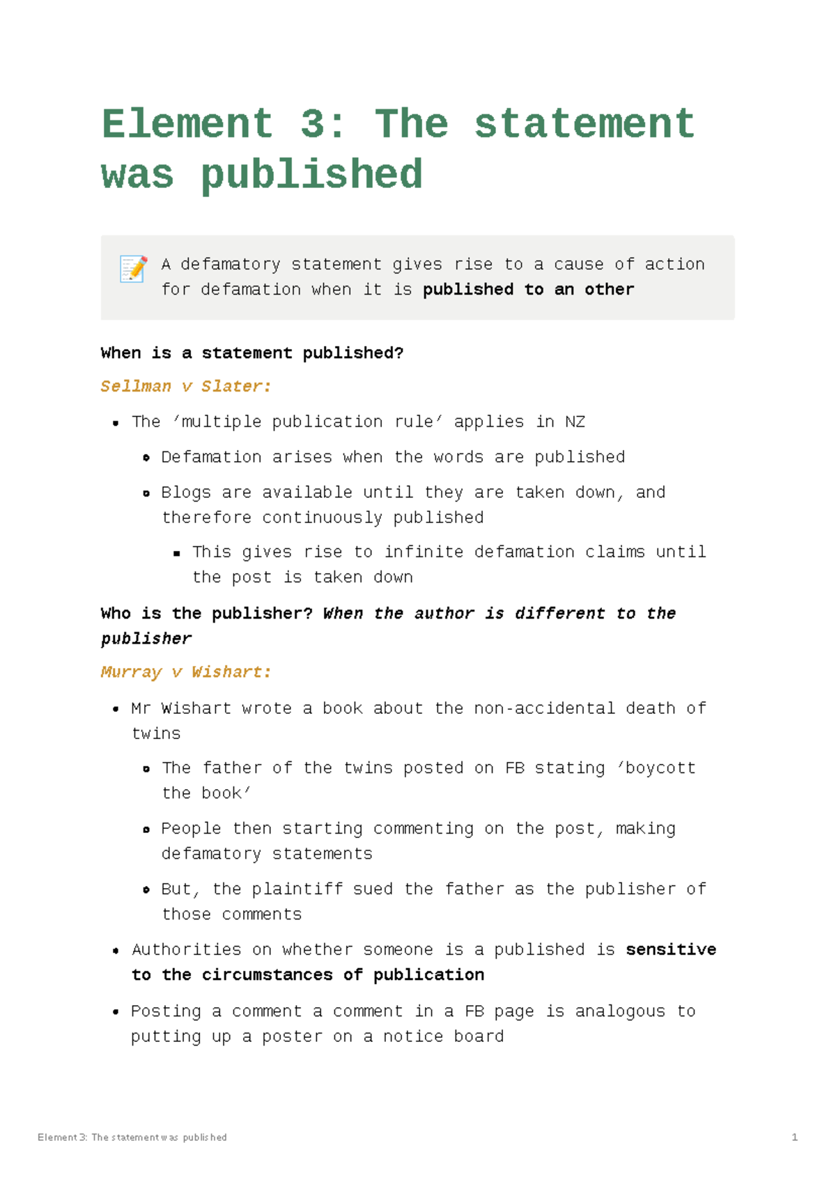 Defamation Law: Publication Elements and Liability Analysis - Studocu