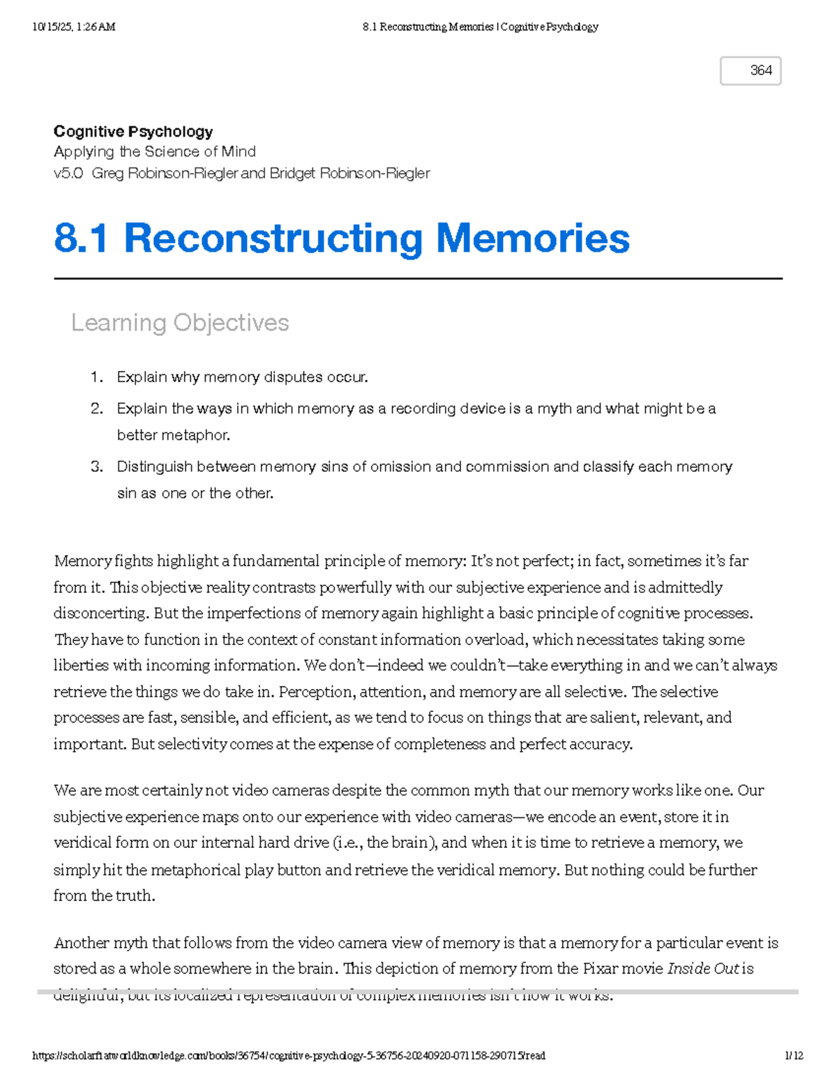 Cognitive Psychology 364: Reconstructing Memory and Its Sins - Studocu