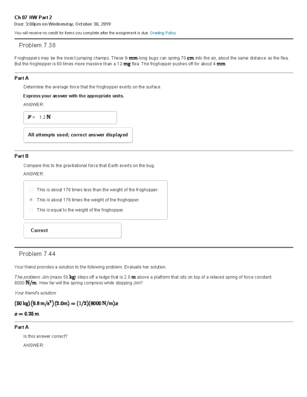 Ch 07 HW Part 1 - Chapter 7 Physics Homework for Mastering - Ch 07 HW Part 1 Due: 3:00pm on ...