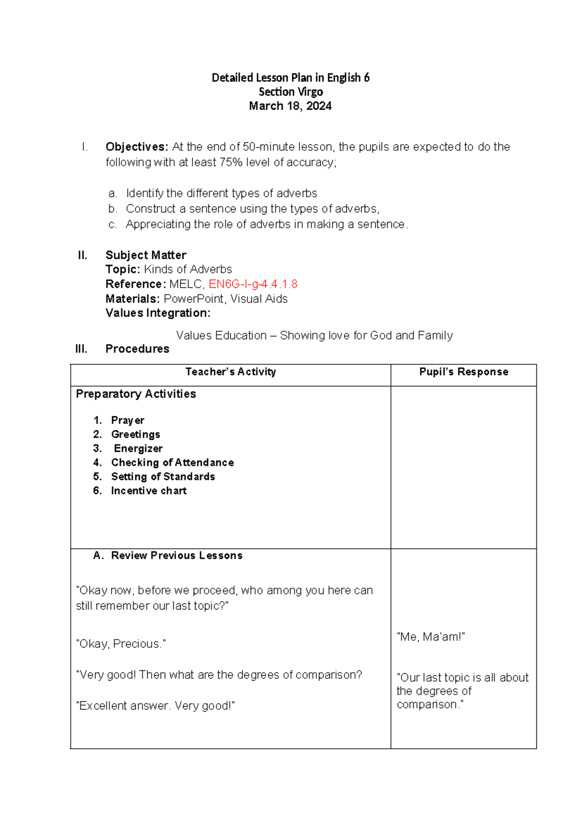 English 6 Detailed Lesson Plan: Kinds of Adverbs - Studocu