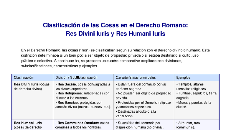 Clasificación de Res Divini y Res Humani Iuris en Derecho Romano - Studocu