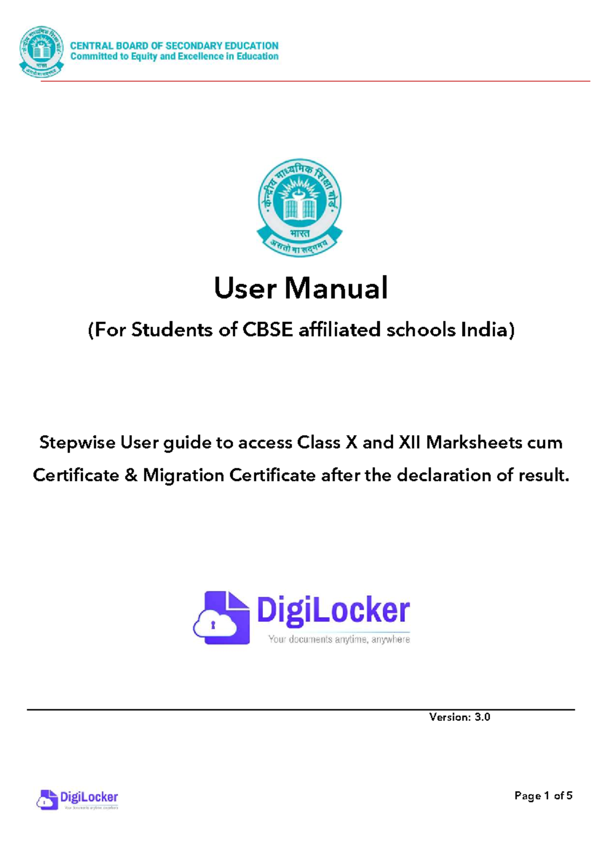 User Manual: Accessing Class X & XII DigiLocker Marksheets (CBSE) - Studocu