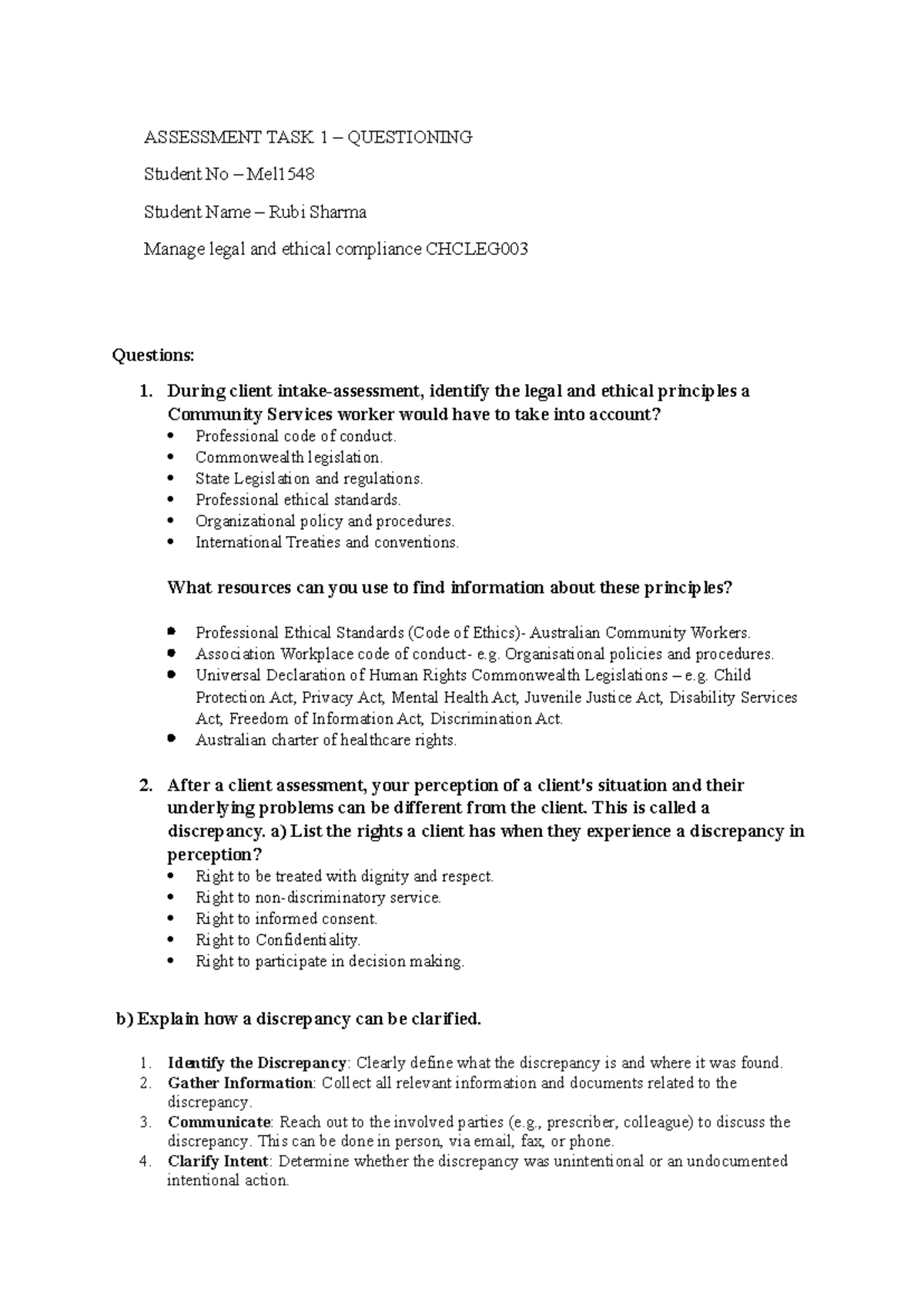 Task01 - Task 1 - ASSESSMENT TASK 1 – QUESTIONING Student No – Mel ...