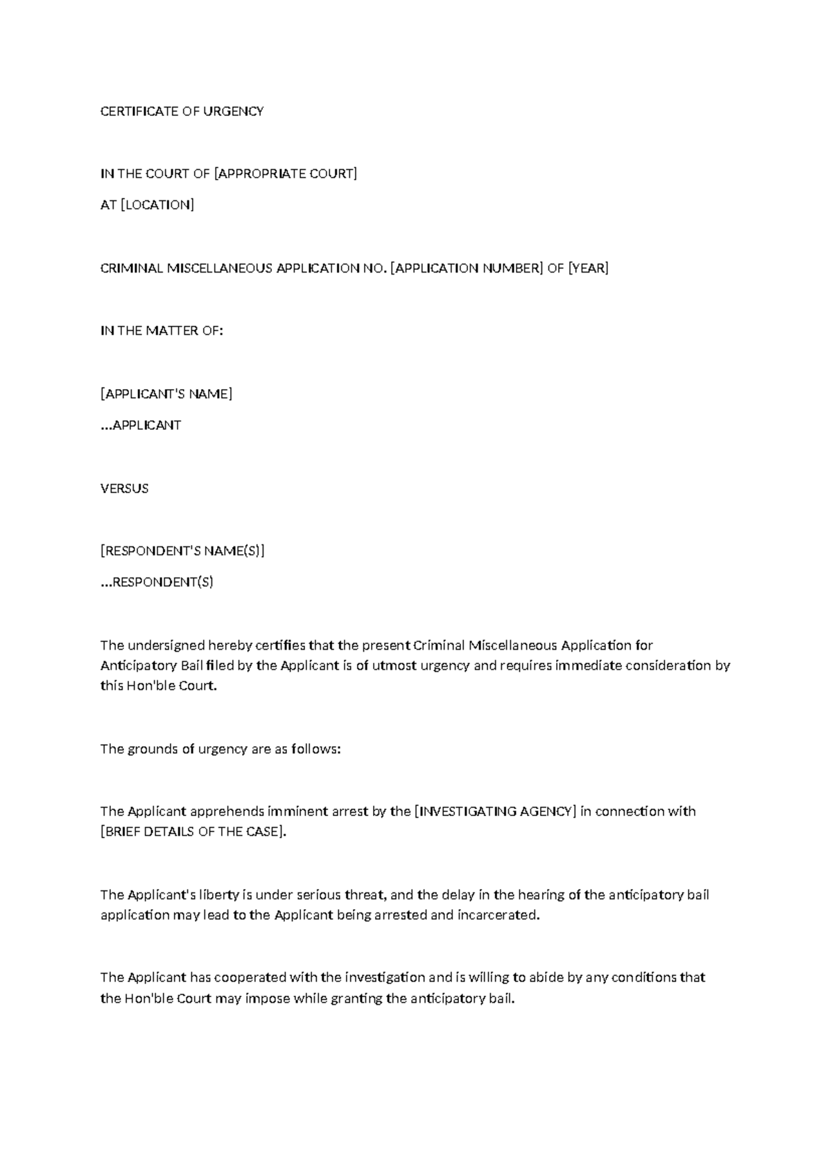 Certificate of Urgency for Criminal Misc. App. No. [APPLICATION NUMBER ...