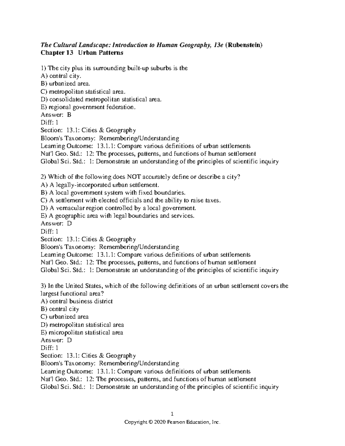 Human Geography 13e (Rubenstein) Chapter 13: Urban Patterns Practice ...