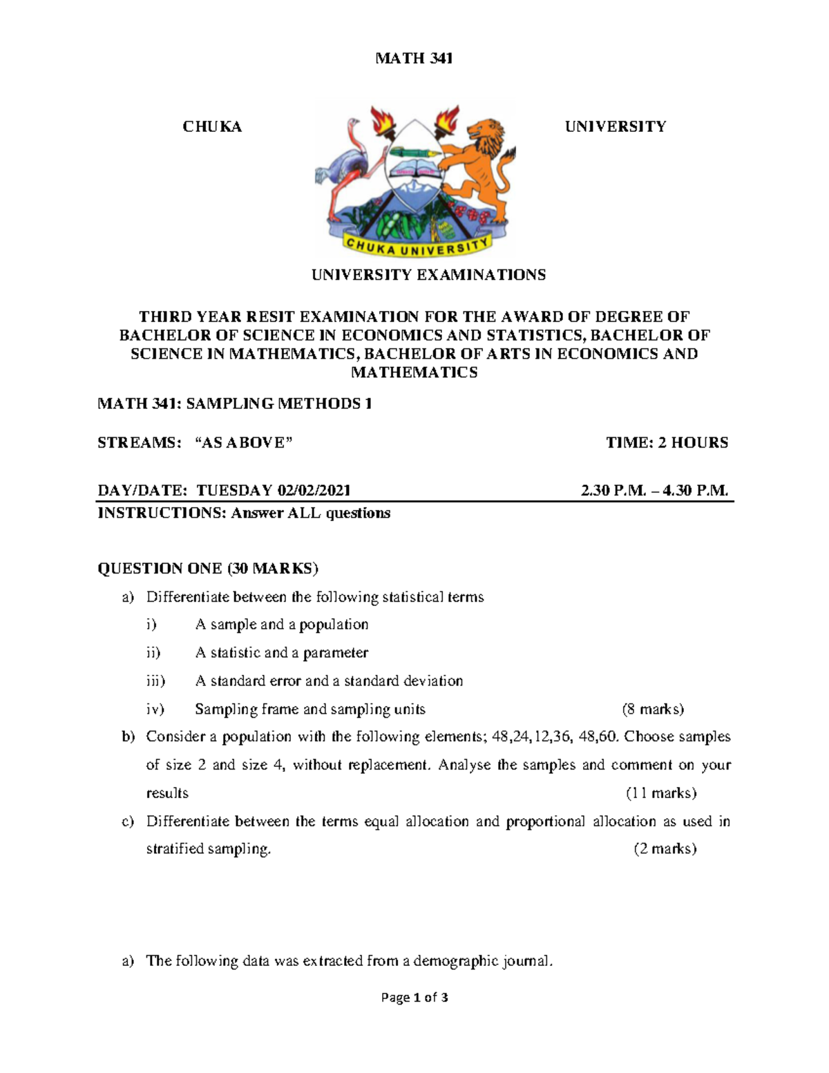 MATH 341-1 - Exam papers - MATH 341 Page 1 of 3 CHUKA UNIVERSITY ...