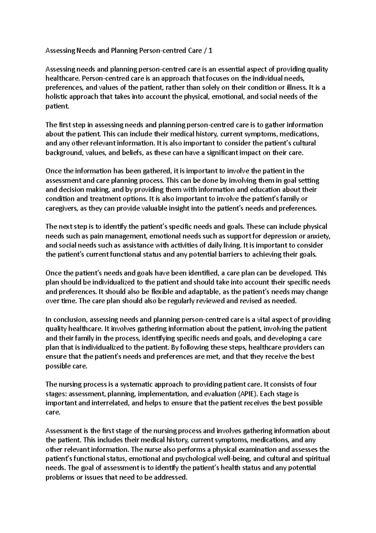 Assessing Needs and Planning Person-Centred Care: Part 1 - Studocu