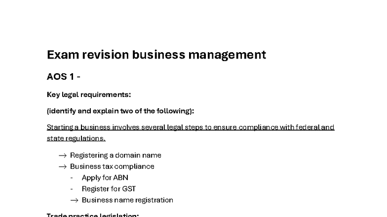 Exam Revision: Business Management AOS 1 - Key Legal Requirements - Studocu