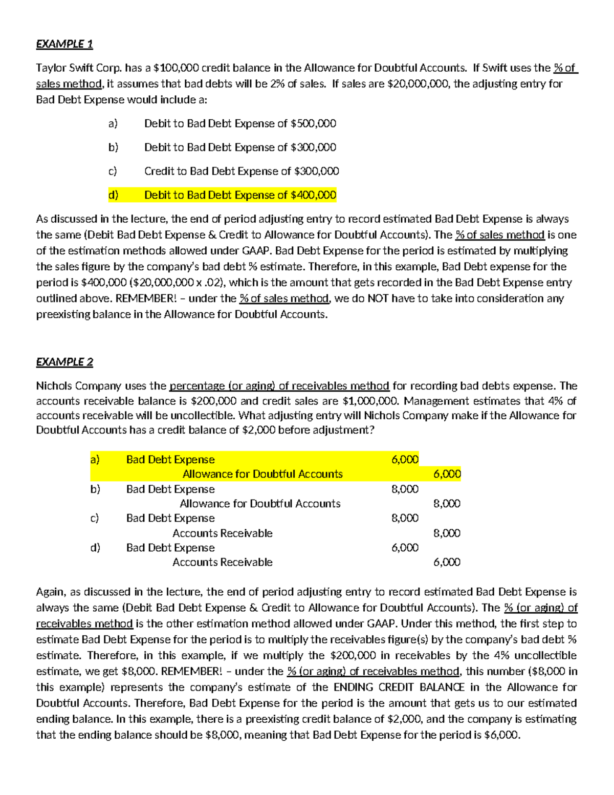 Understanding Bad Debt Expense Adjustments: Examples for ACCT 101 - Studocu
