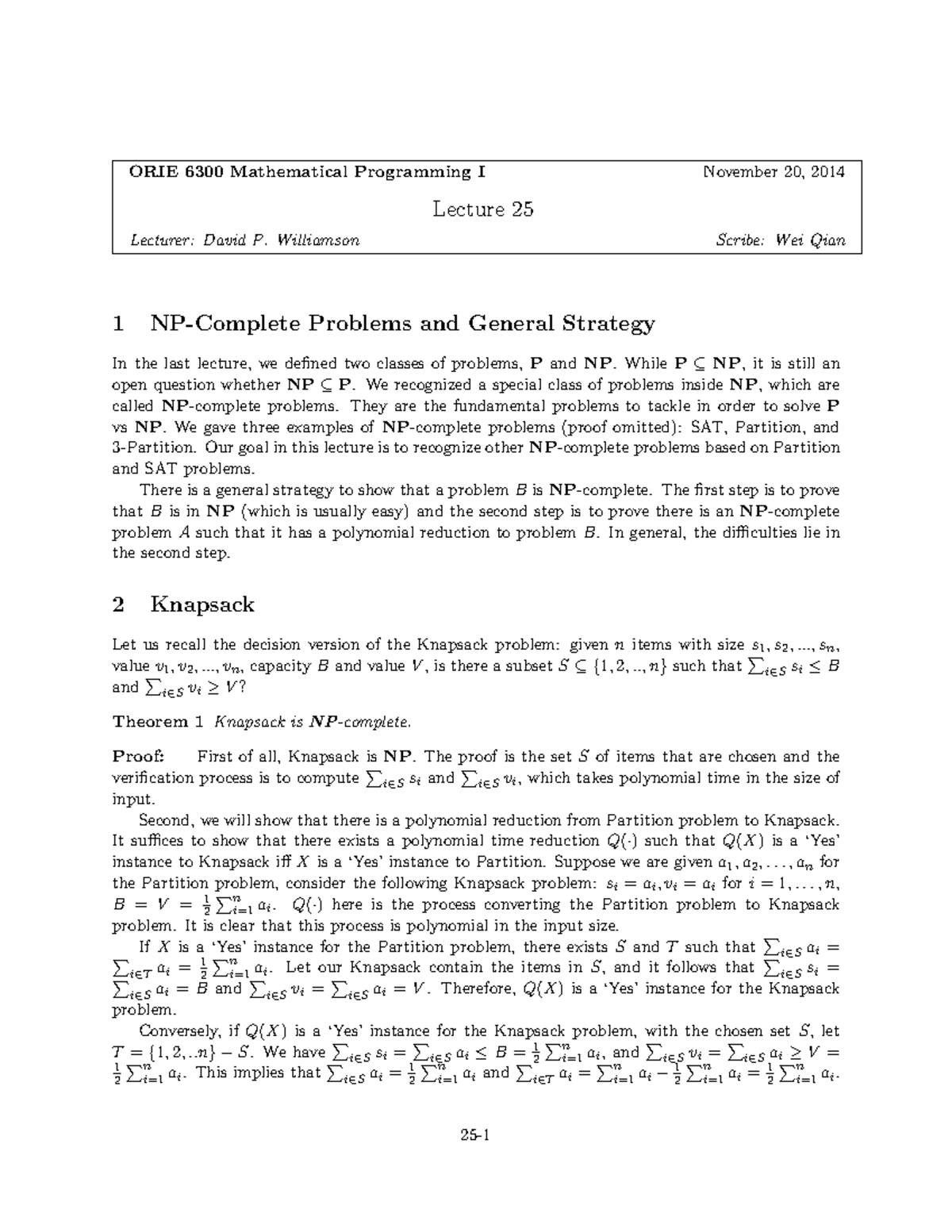 Extra prac NP hard problems - ORIE 6300 Mathematical Programming I ...