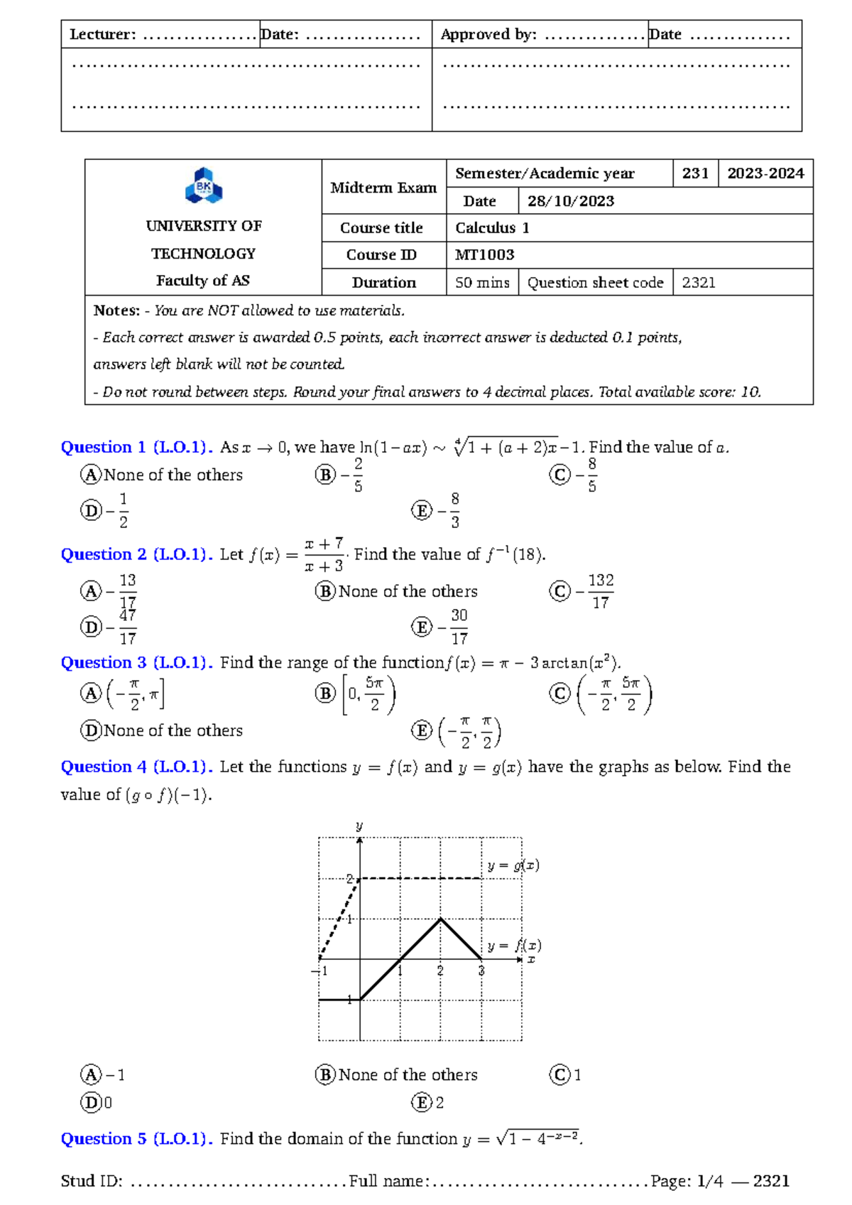 Midterm Exam MT1003: Calculus 1 Test 2023-2024 - Studocu