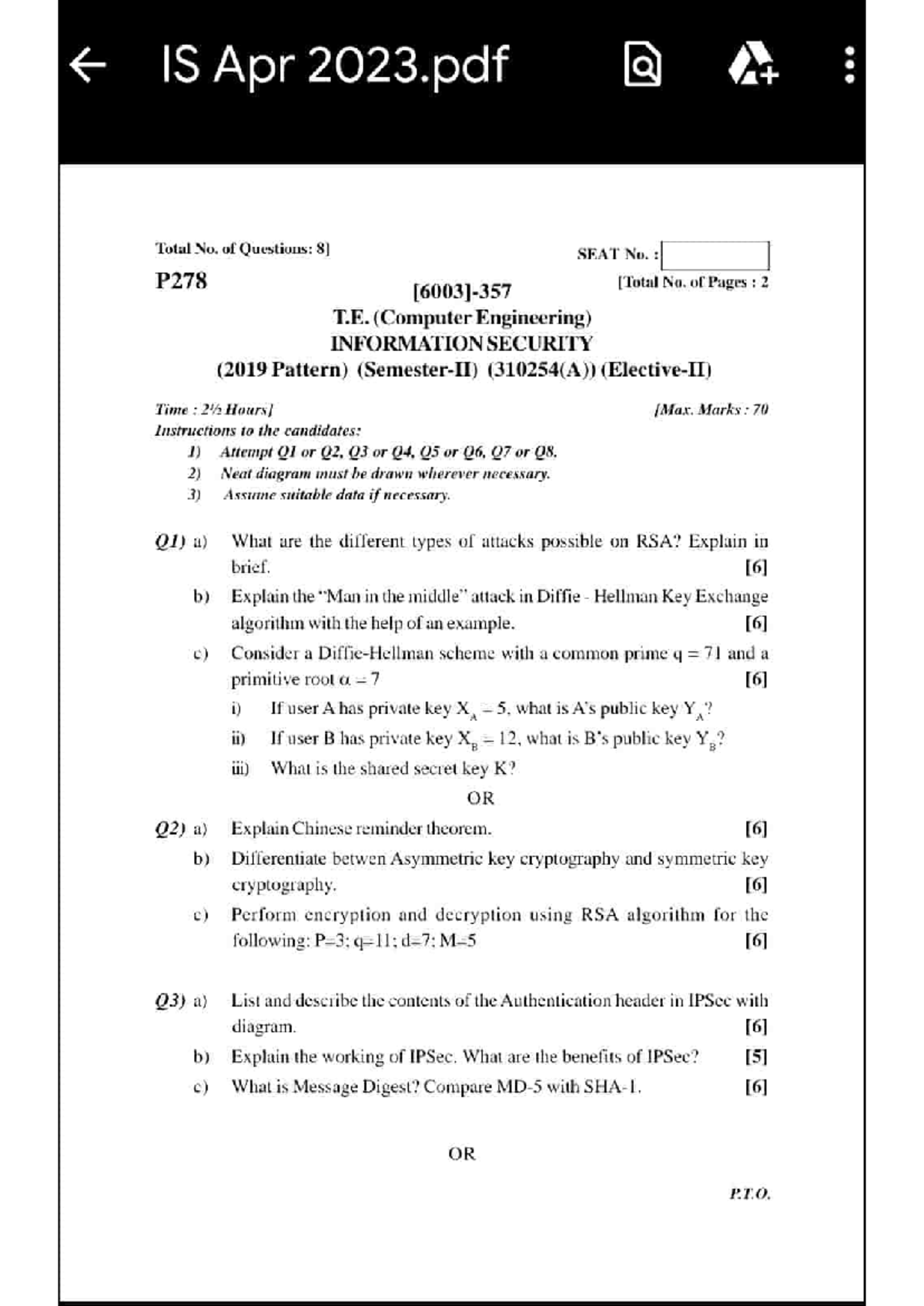 IS PYQ 2022-2024: Information Security Exam Questions (310254(A)) - Studocu