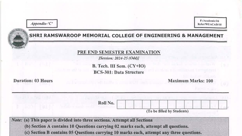 Data Structure Pre End Sem Exam (BCS 301) 2025 Guide - Studocu