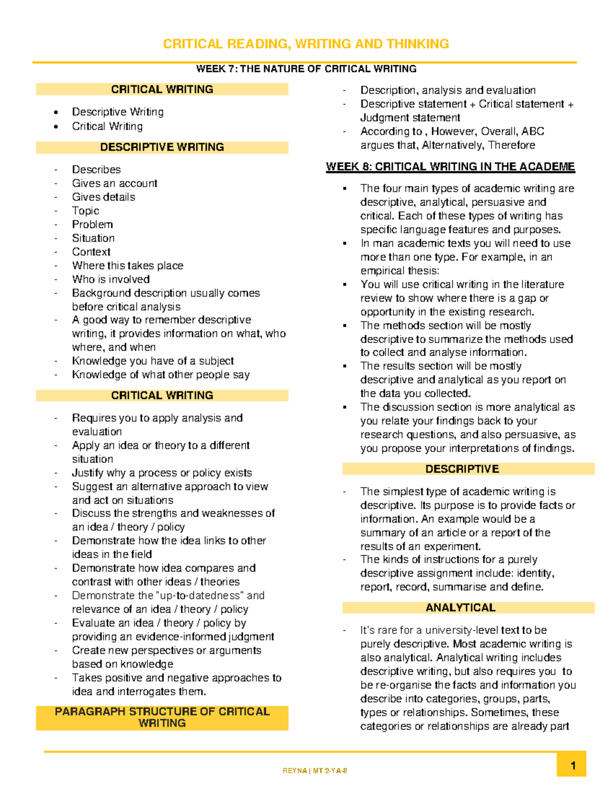 CRWT - Midterm Review: Key Concepts in Critical Writing Techniques - Studocu