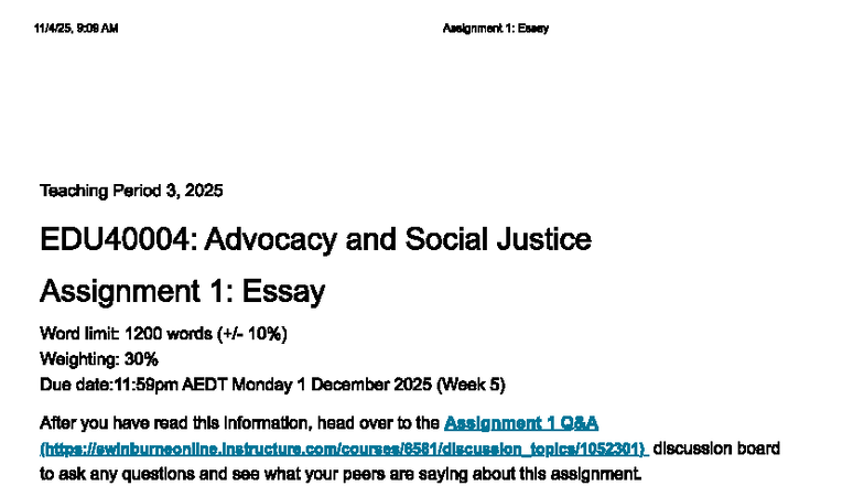 EDU101 Assignment 1: Reflective Essay on Advocacy & Social Justice ...