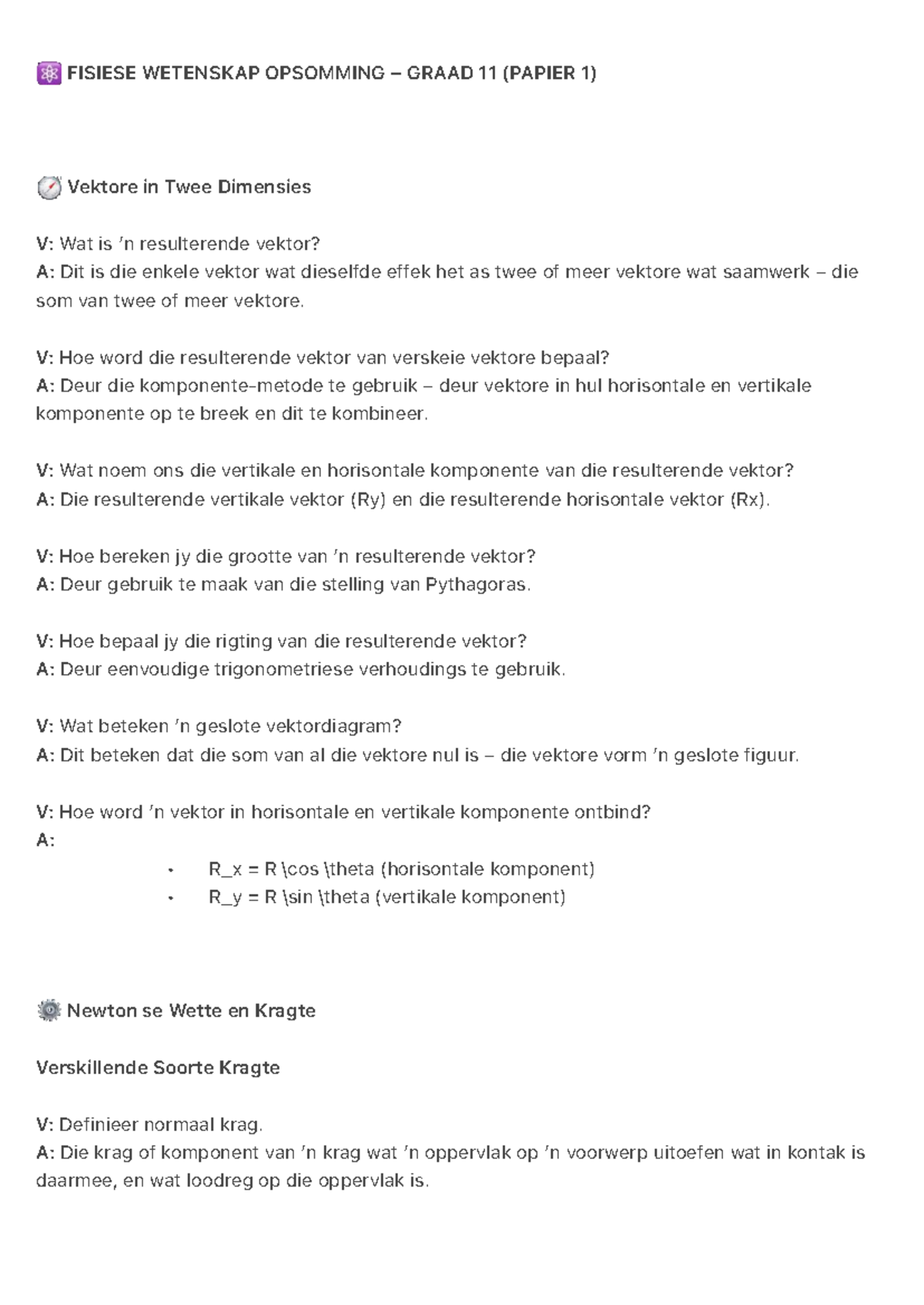 Fisiese Wetenskap Opsomming – Graad 11 (Papier 1) Vektore en Newton se ...