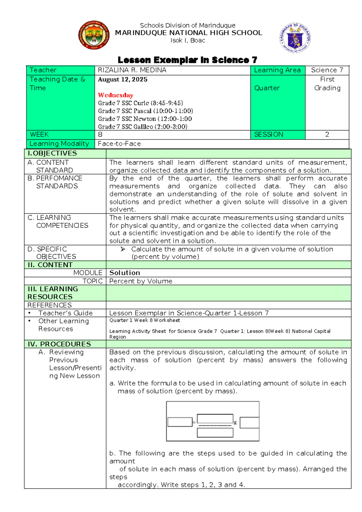 Lesson Exemplar in Science 7: Percent by Volume Calculations - Studocu