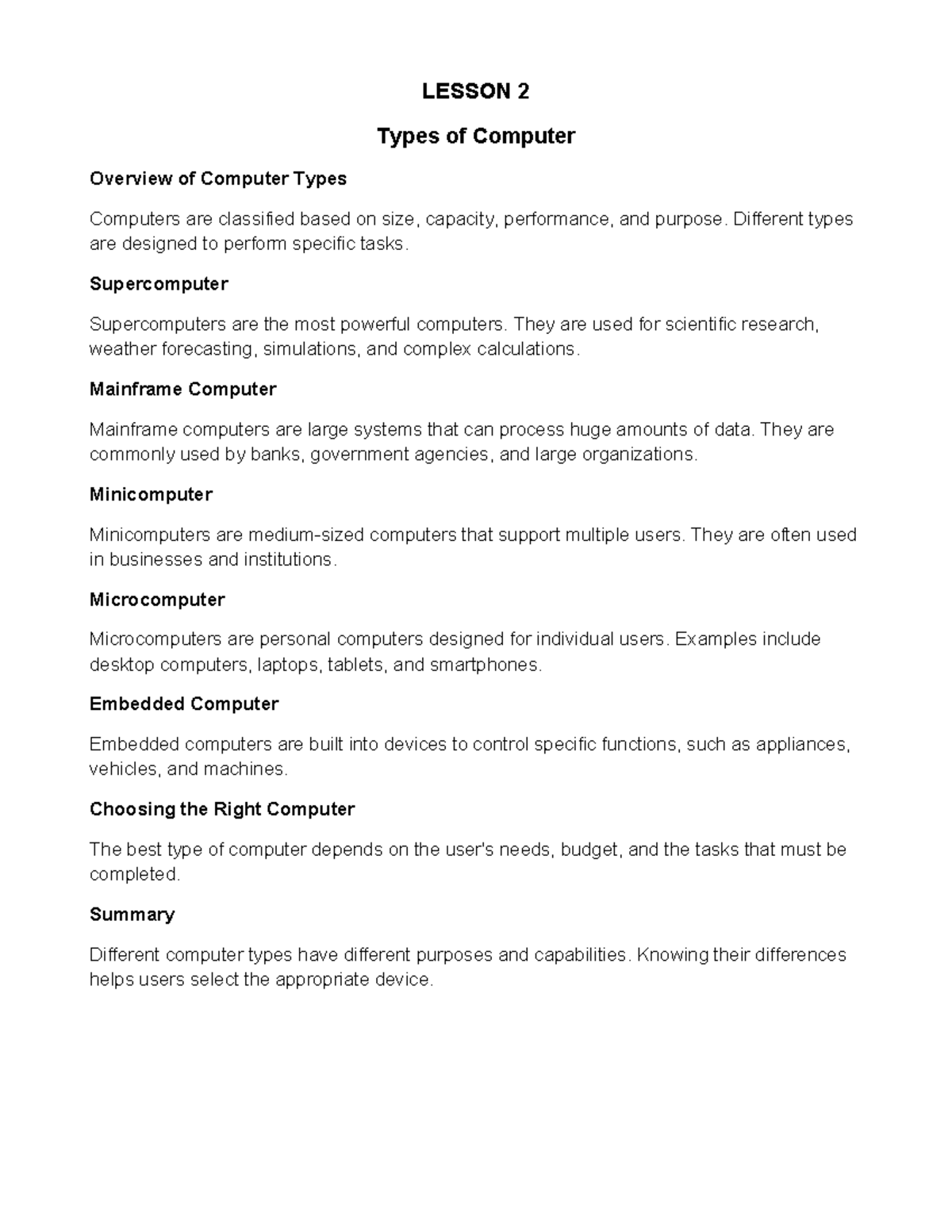 COMP101: Lesson 2 - Overview of Computer Types and Their Uses - Studocu