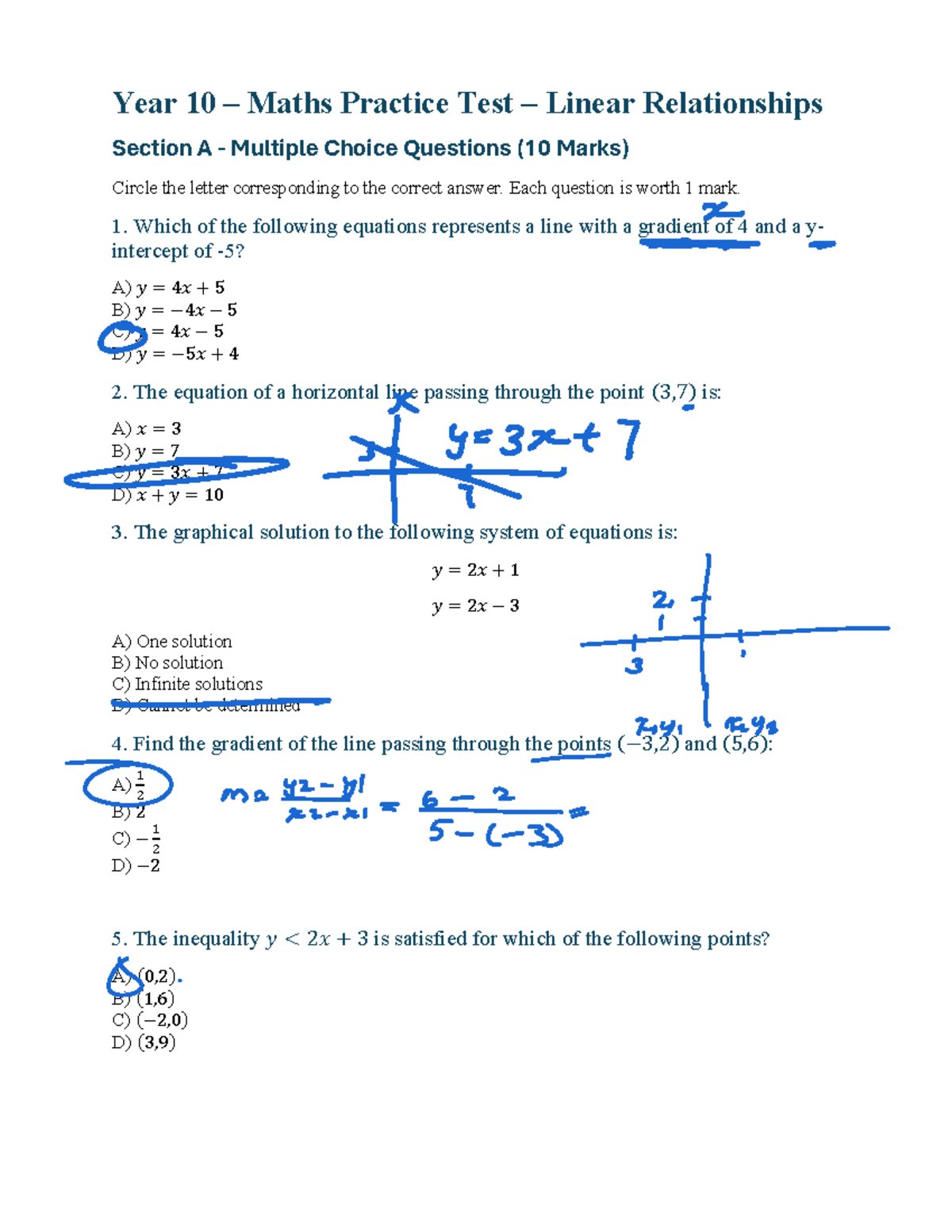 Practice Test - Year 10 Maths: Linear Relationships - Studocu