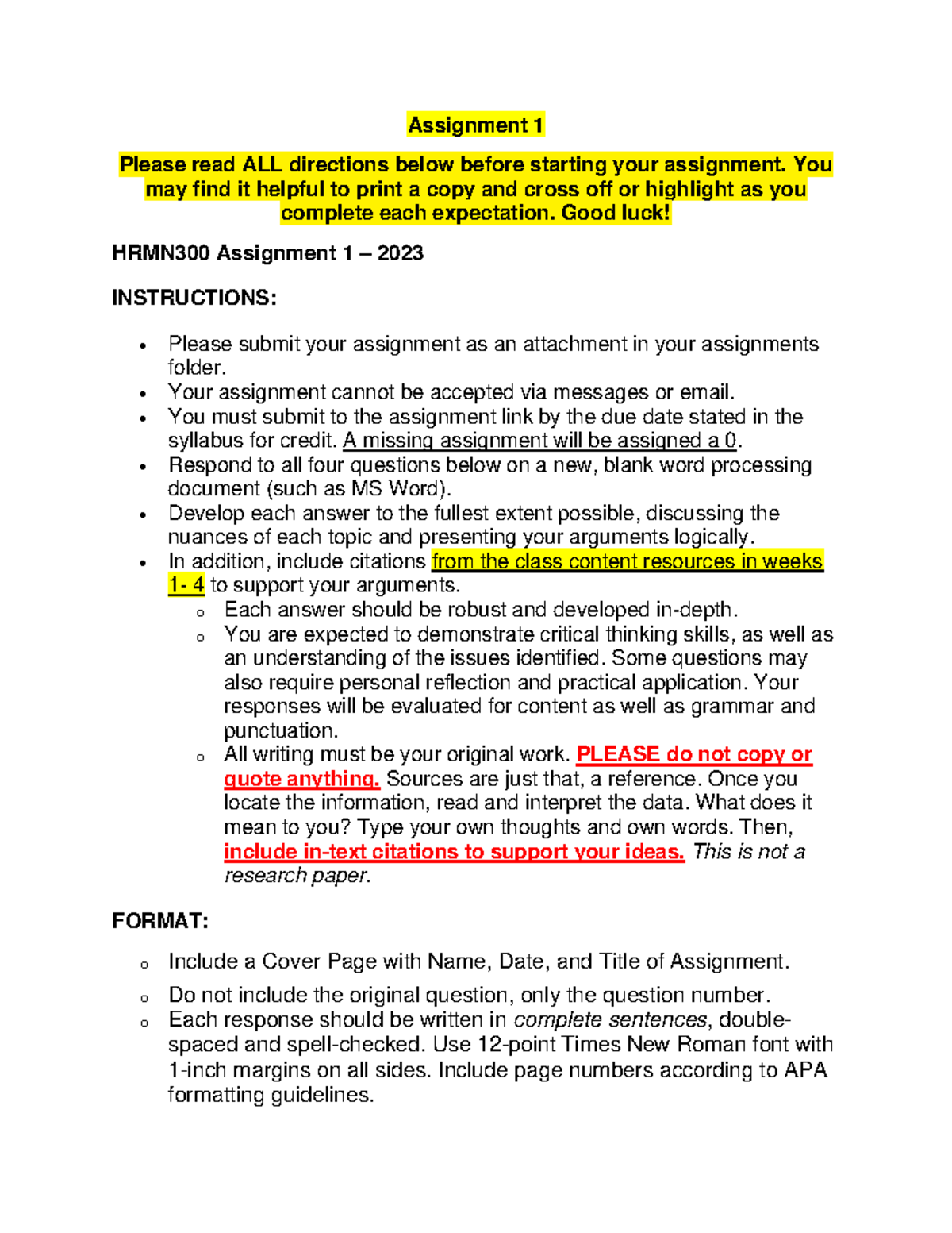HRMN 300 Assignment 1 Instructions 2023 - Assignment 1 Please read ALL ...