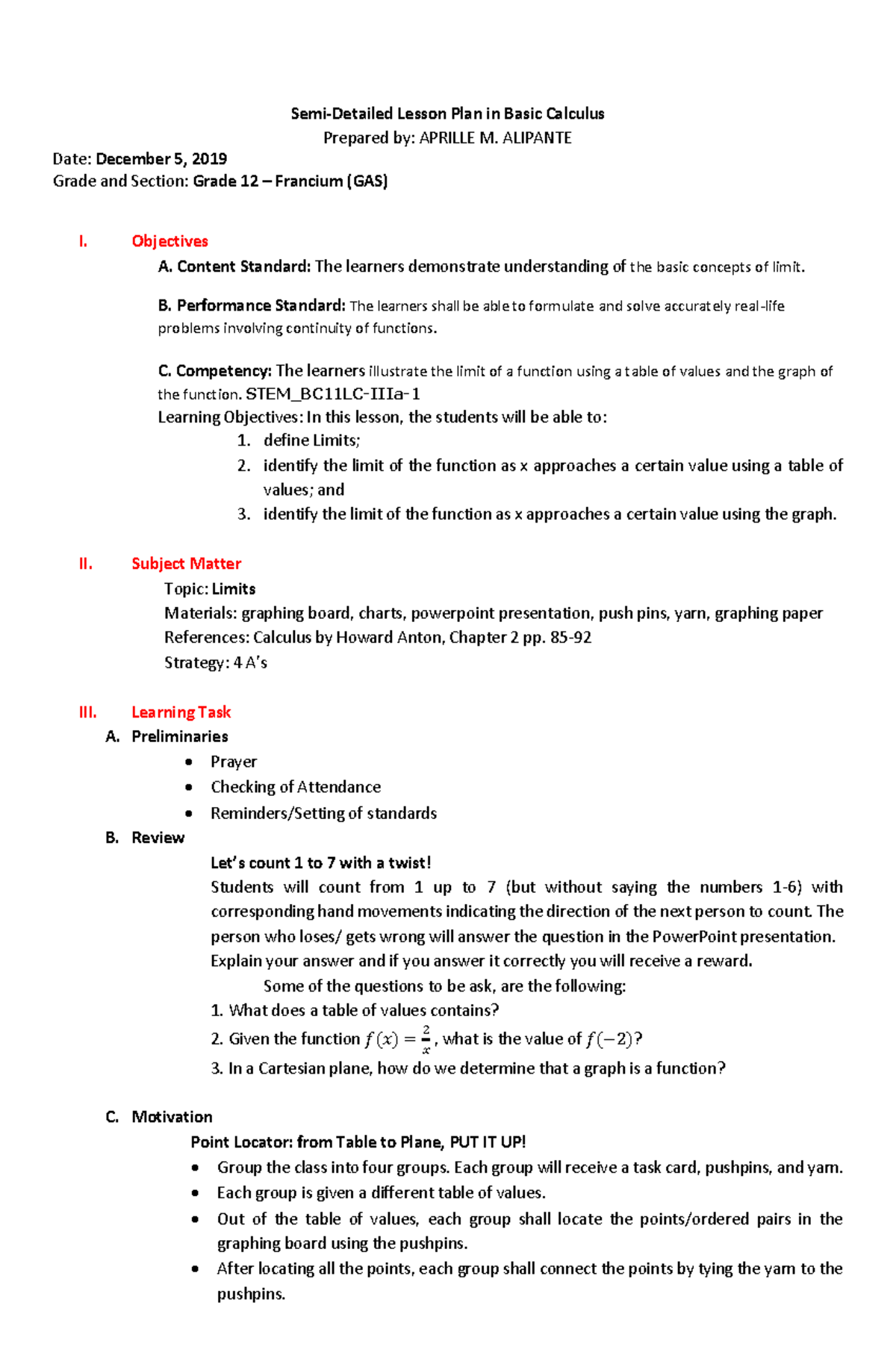Semi-Detailed Lesson Plan on Limits in Basic Calculus (G12) - Studocu